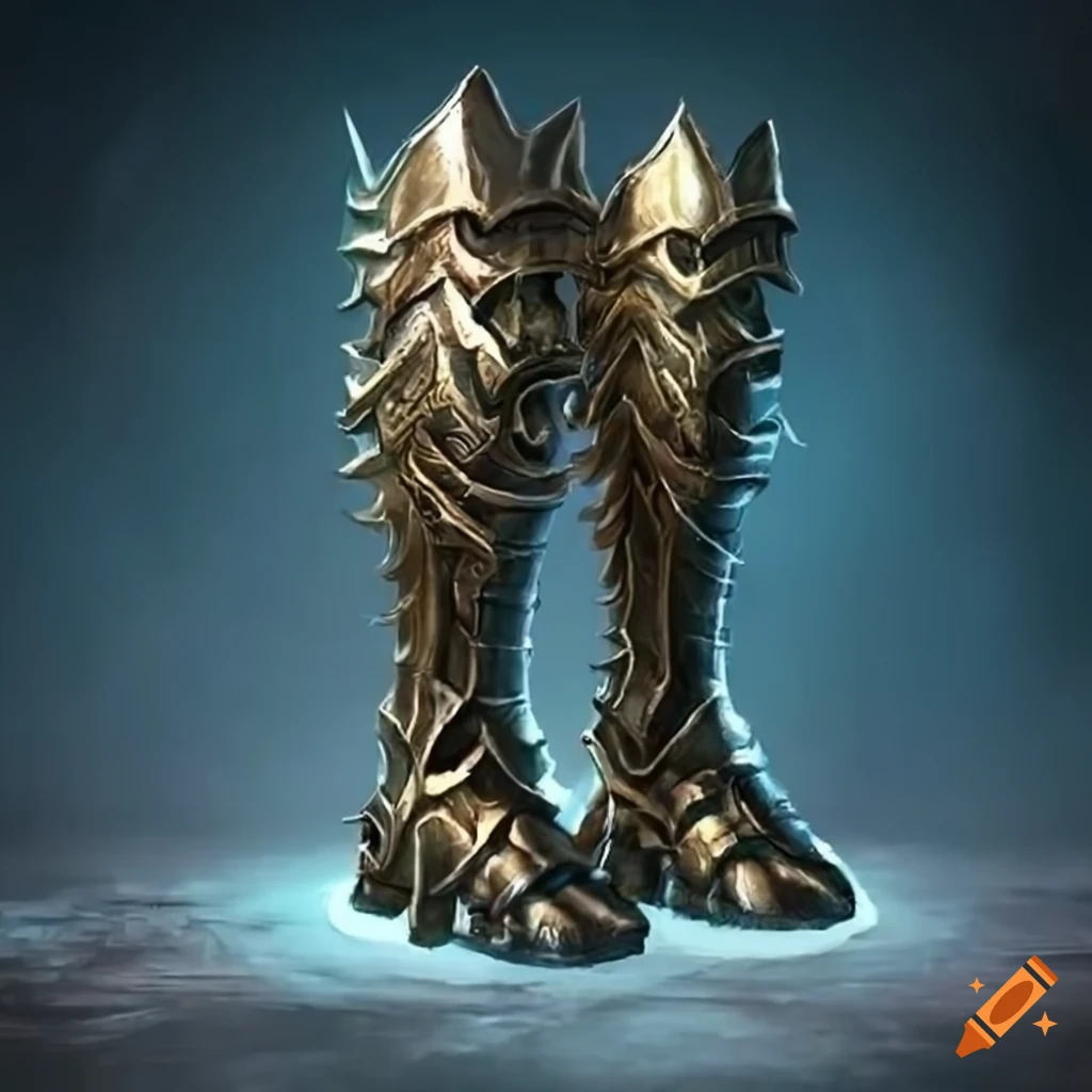 Pair of mithril plated knight boots with magic aura, fantasy design for ...