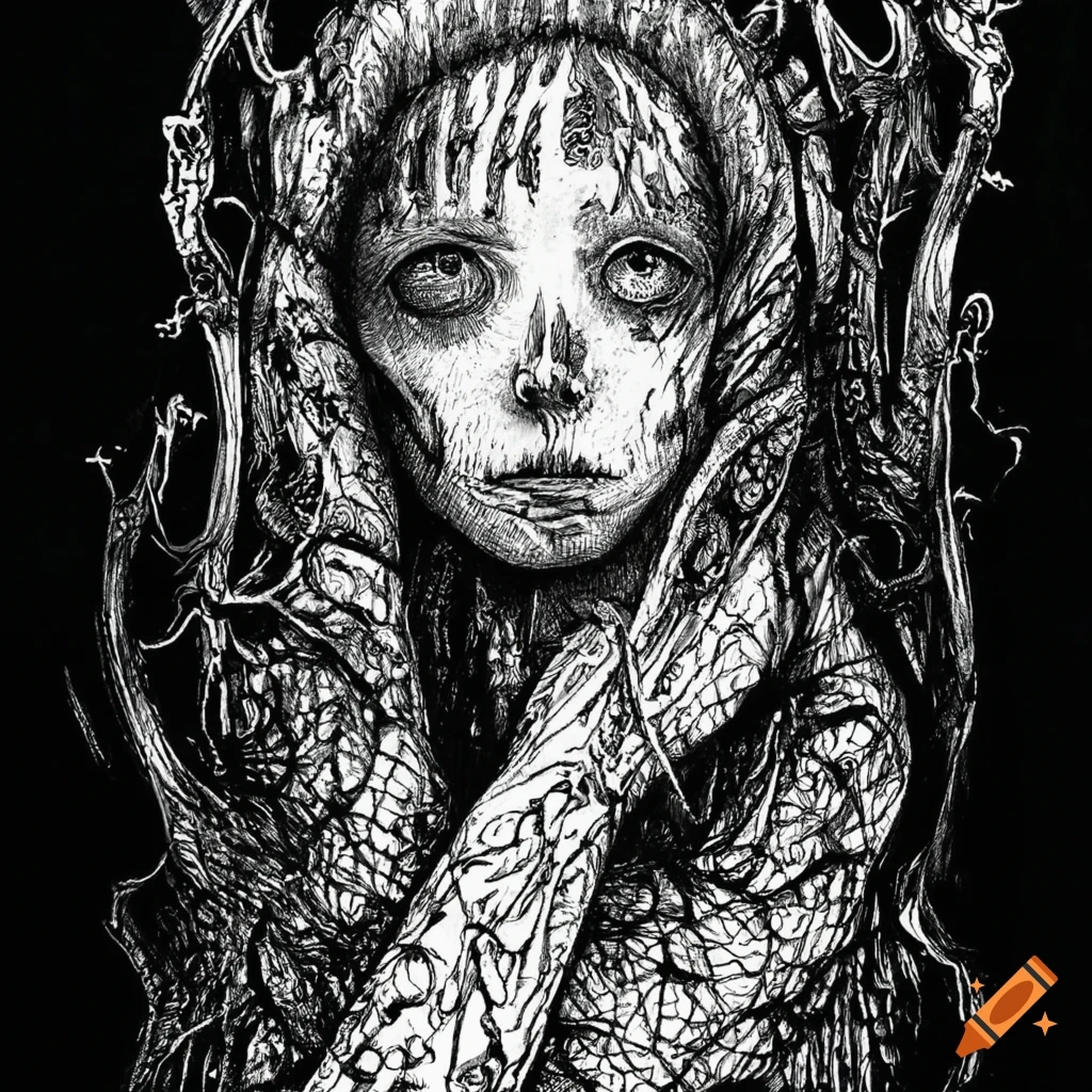Intricate black and white pen drawing of a tormented ghost with severe ...
