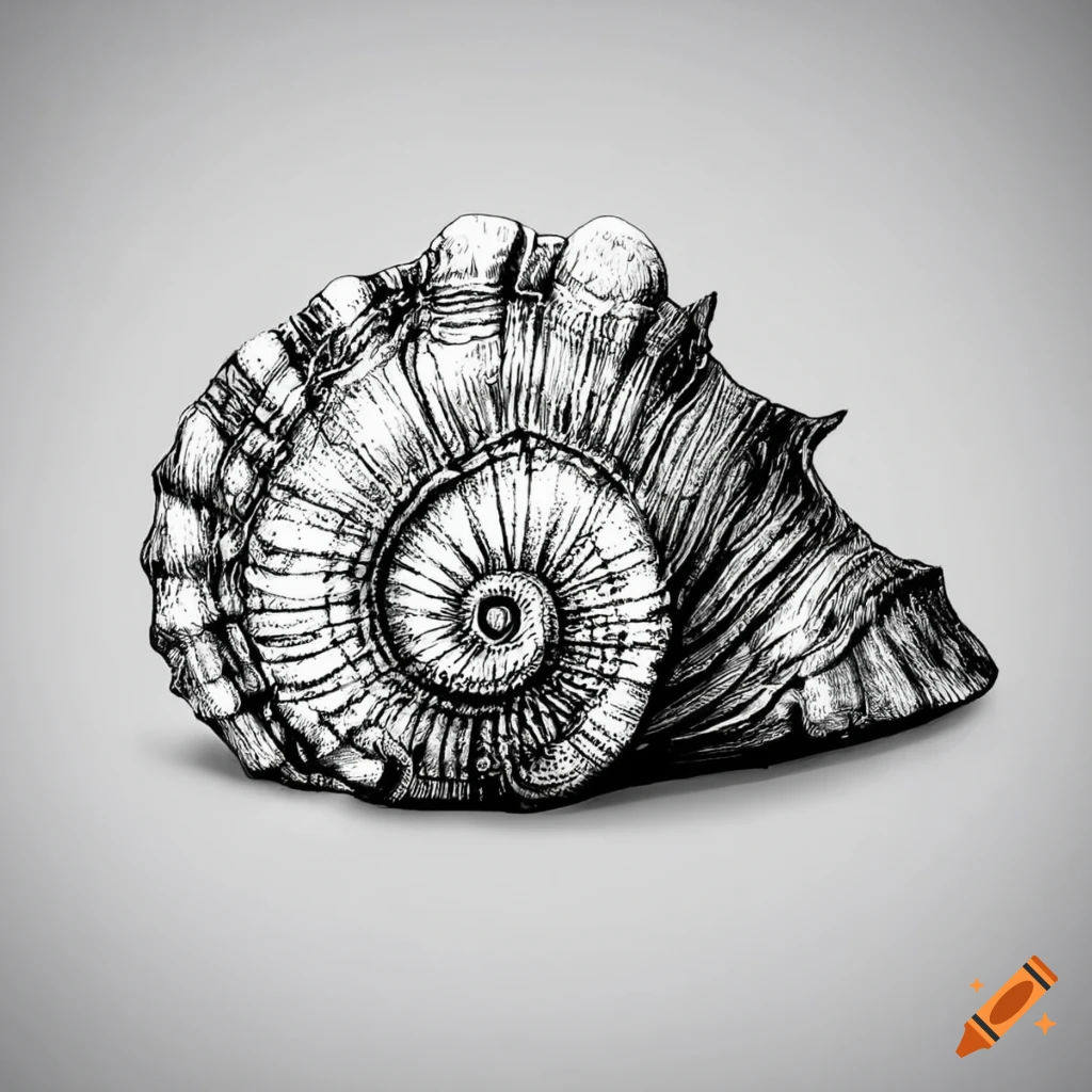 Beautiful black and white drawing of a realistic conch shell on Craiyon