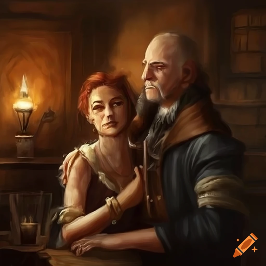 Middle-aged fantasy tavern owners in a realistic painting on Craiyon