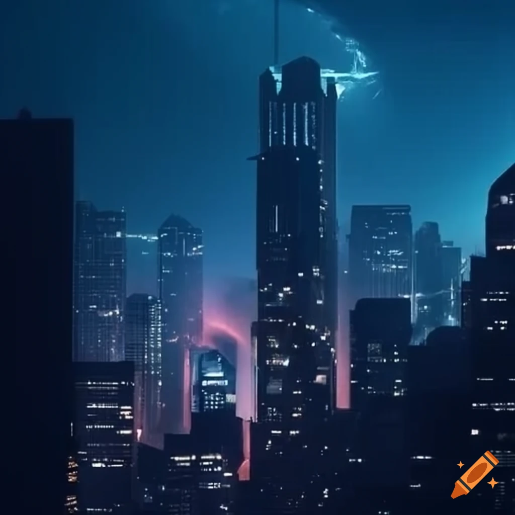 Cityscape at night in the year 2401 with flying cars and futuristic ...