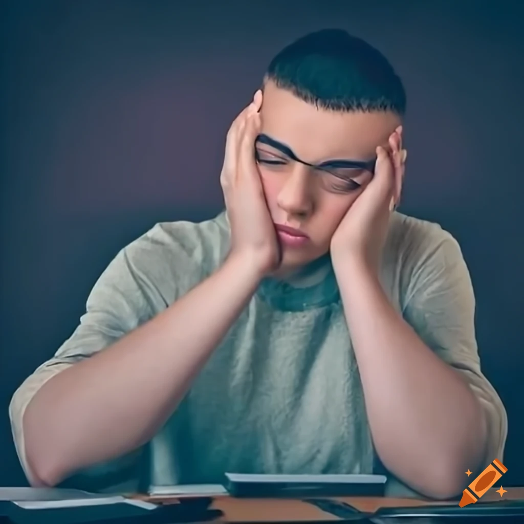 Young adult looking tired and frustrated at a minimum-wage job on Craiyon