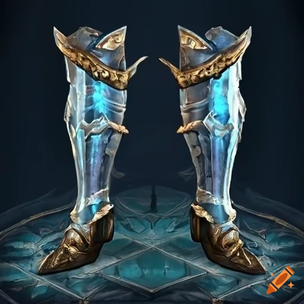 Pair of adorned mithril plated knight boots with magic aura, fantasy ...