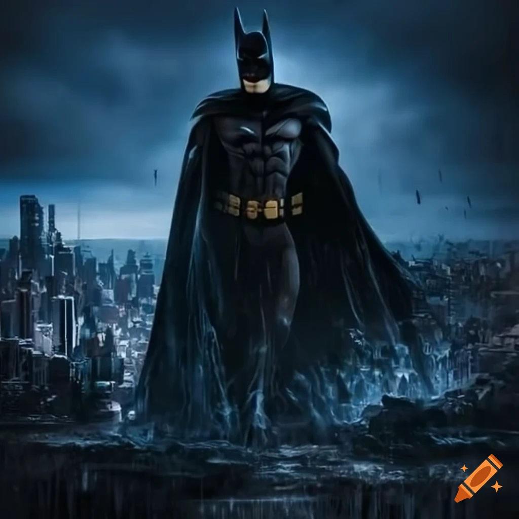 Batman overlooking city with flowing cape in the rain on Craiyon