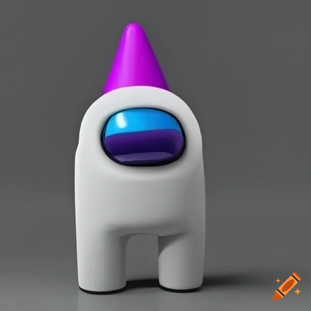 3D White Among Us character with a purple cone on its head on Craiyon