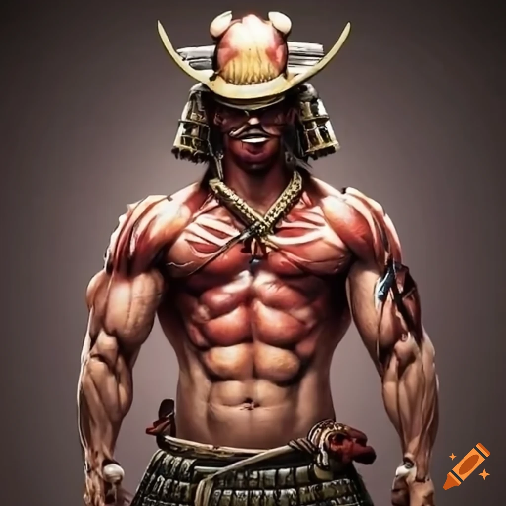 Muscular samurai back view on top of a castle wall on Craiyon