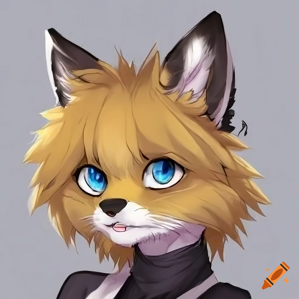 Yellow-furred anthro fox with blue eyes in anime kemono style on Craiyon