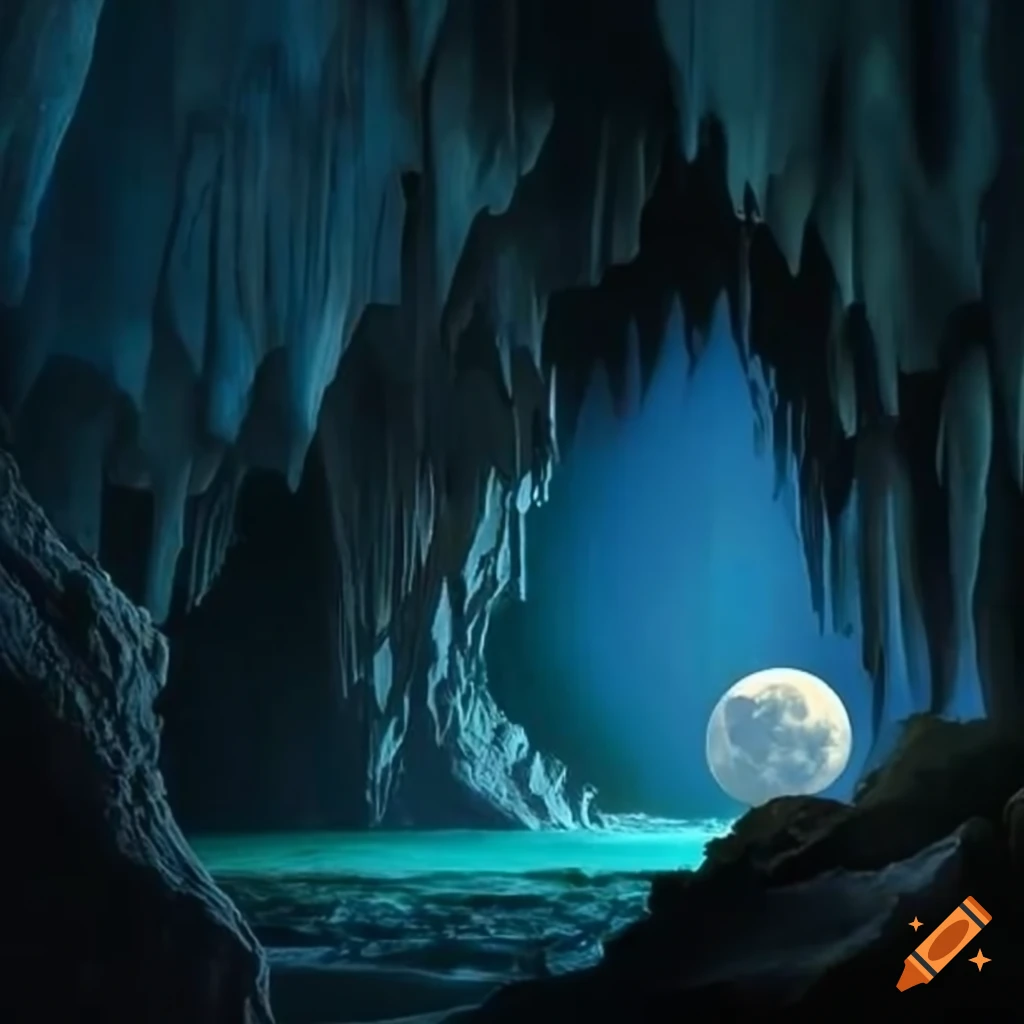 Black tourmaline cave glowing with moonlight on Craiyon