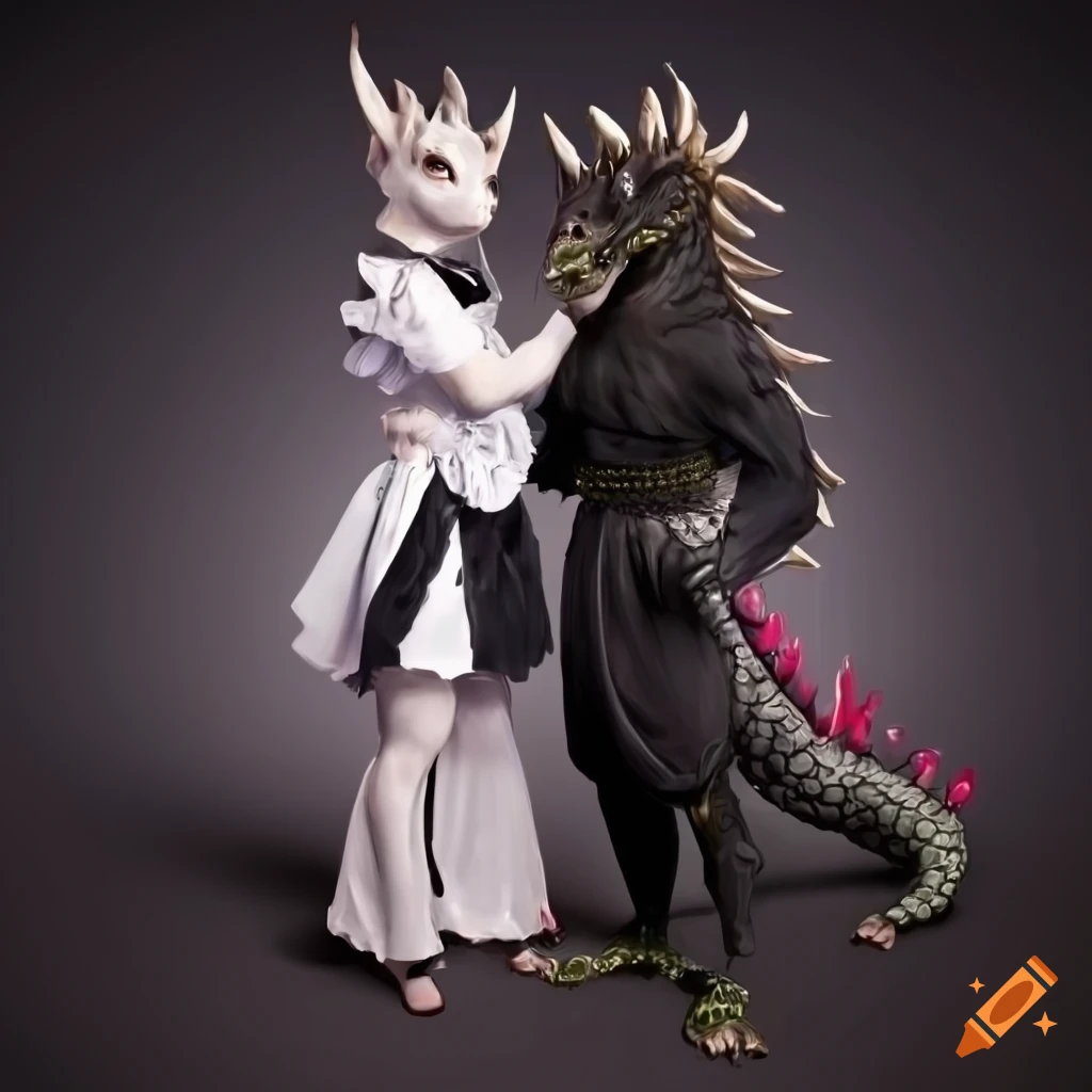 Anthropomorphic dragons in black and white attire on Craiyon