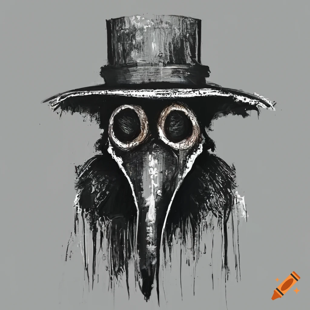 Abstract painting of a plague doctor with loose brush strokes and dark ...