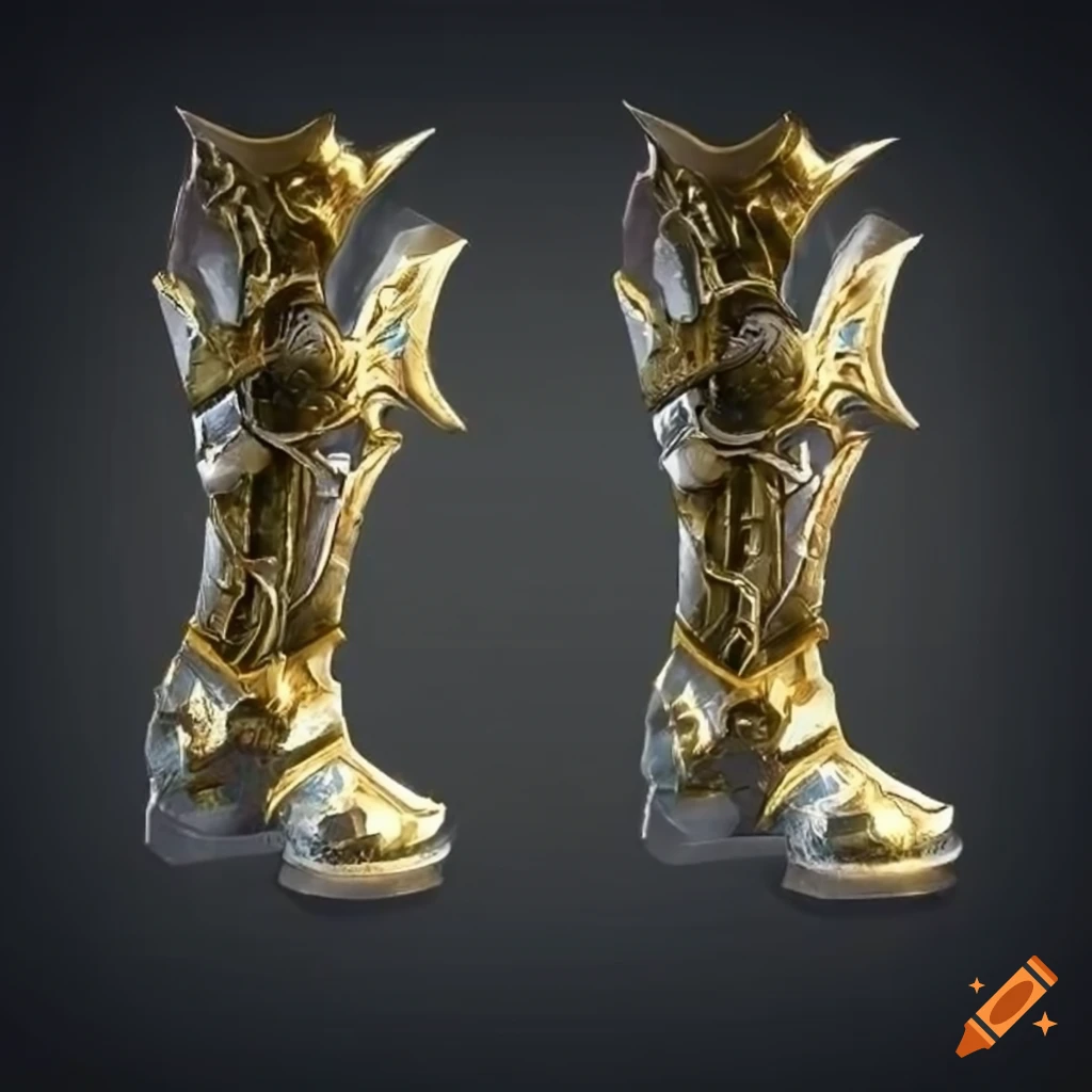 Adorned mithril plated elite champion knight boots with magic aura on ...