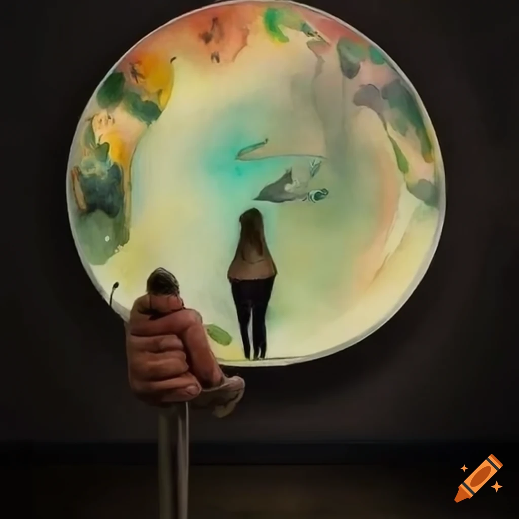 Surrealist painting of person carrying a round aquarium on Craiyon