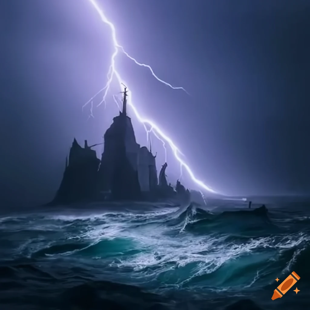 Viking lifting a hammer during a sea storm with lightning on Craiyon
