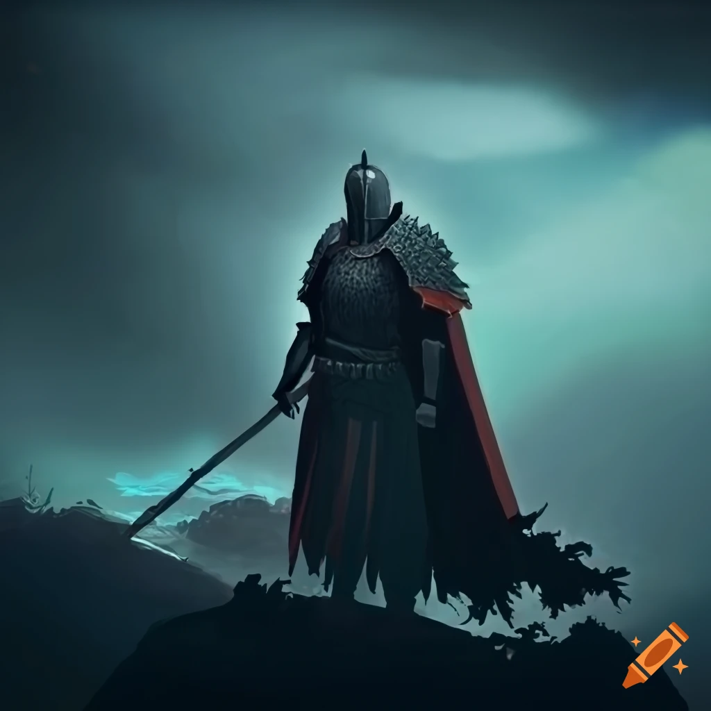 Lone knight standing at the edge of a battlefield with symbolic armor ...