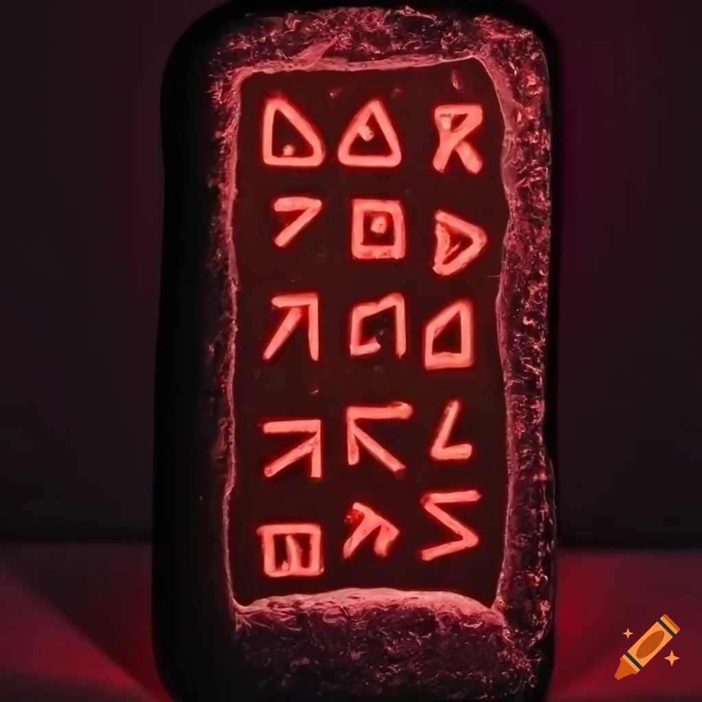 Black stone tablet artifact with glowing red runes on Craiyon