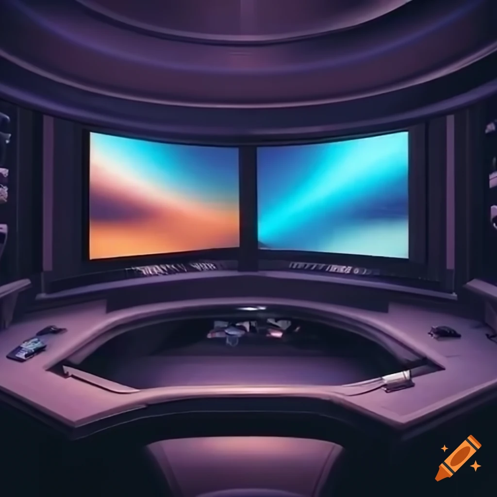 Studio room for interviews with microphones and a large central screen ...