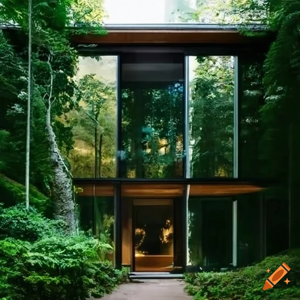 Modern two-story mansion in a lush forest with large glass windows on ...