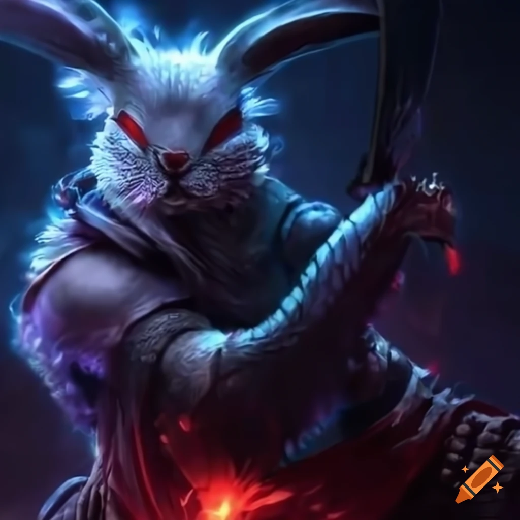 Rabbit warrior wielding a glowing katana in a fierce battle on Craiyon