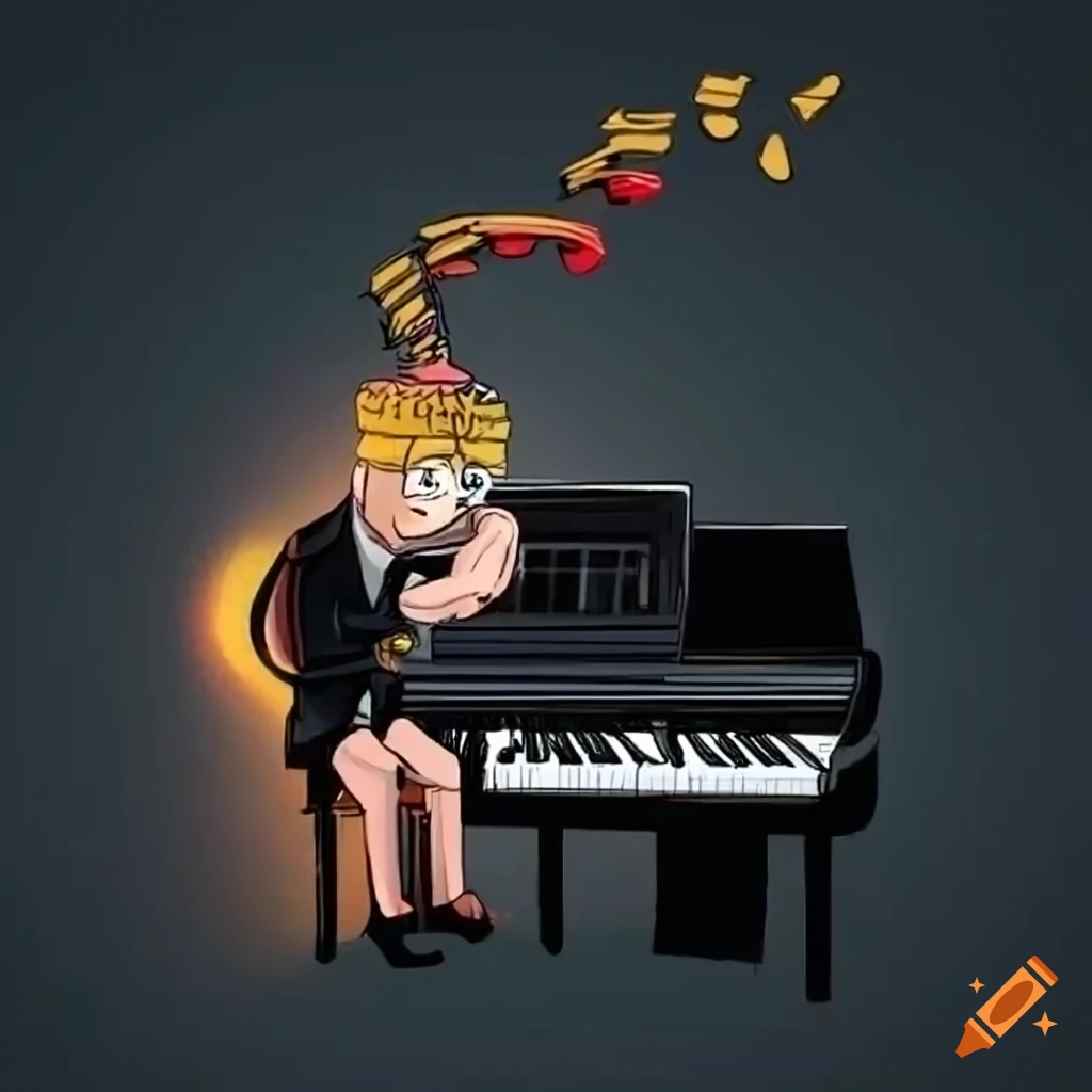 Cartoon of a pianist struggling with sheet music at the piano on Craiyon