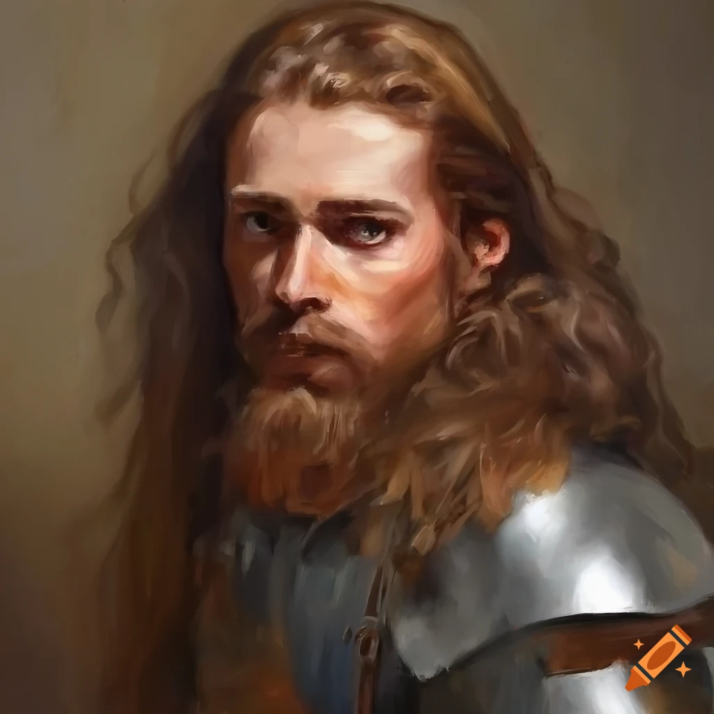 Oil painting of a long-brown-haired knight in armor on Craiyon