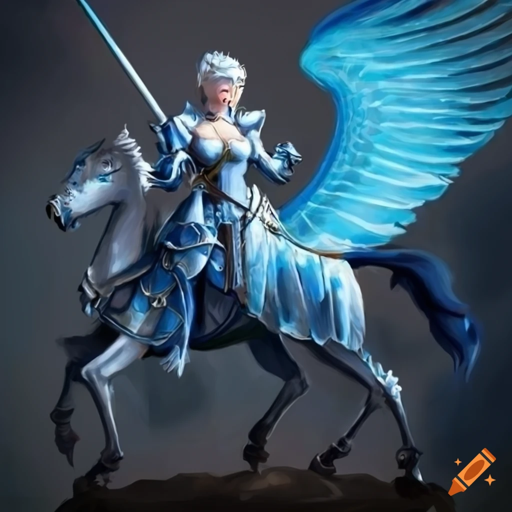 Female knight on a pegasus with a halberd on Craiyon