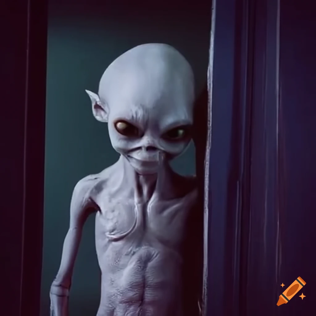 Retro alien peeking behind a white door in a sci-fi movie scene on Craiyon