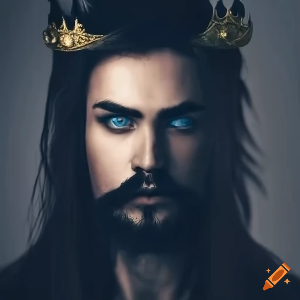 Young handsome king with blue eyes, long black hair, and a crown ...