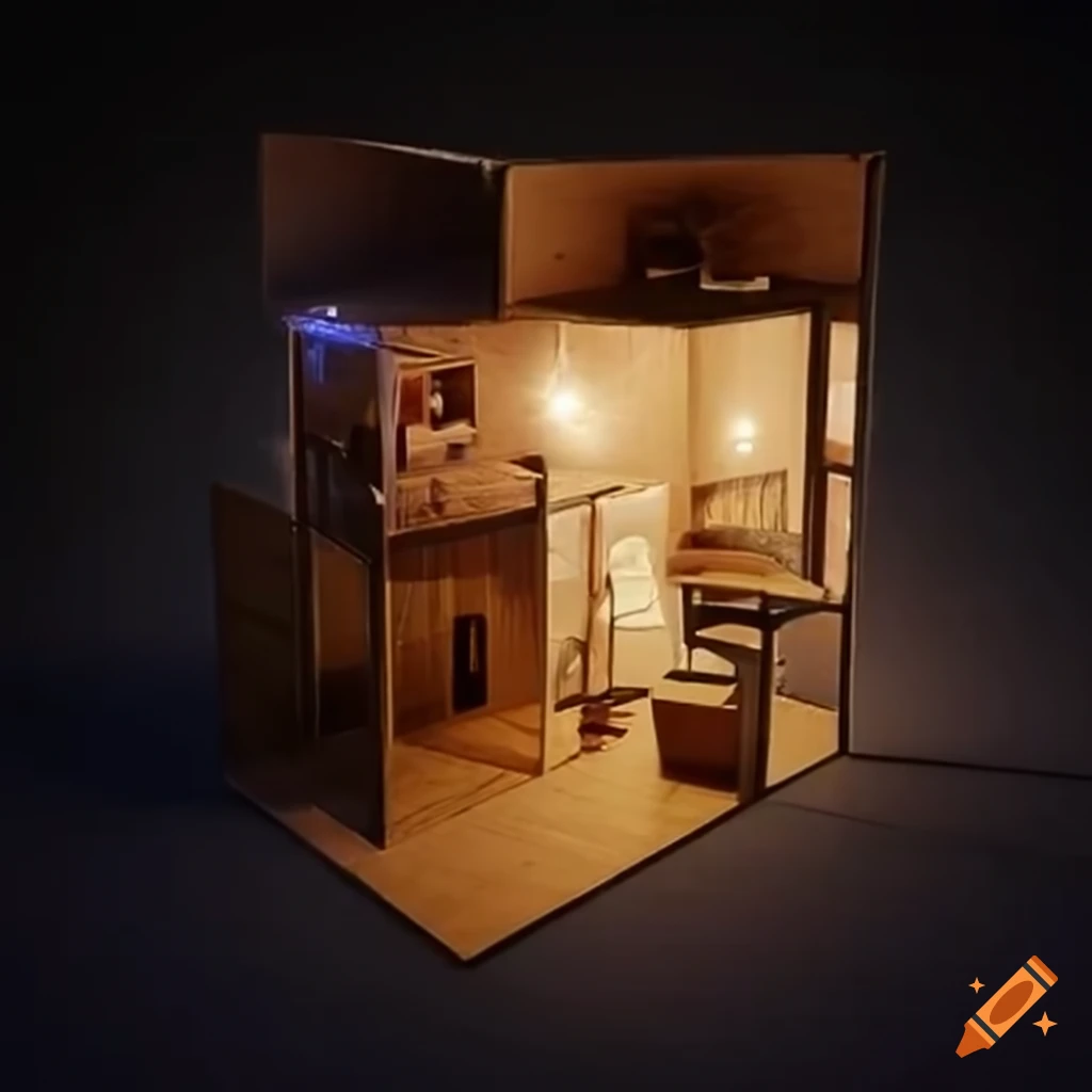 Dollhouse crafted from cardboard box glowing with electricity on Craiyon