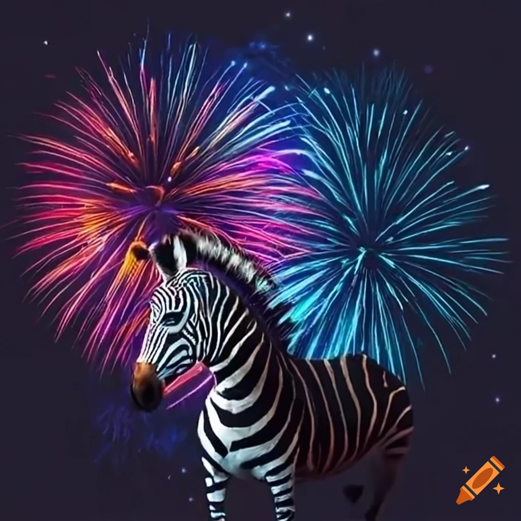 Playful zebra with fireworks bursting like vibrant stars in the night ...