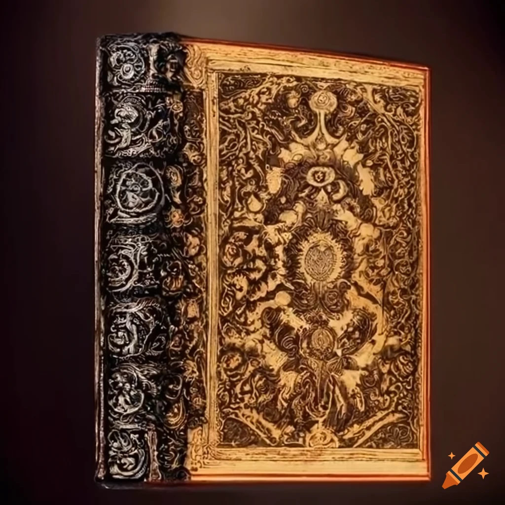 Ornate ancient book with intricate spine design on Craiyon
