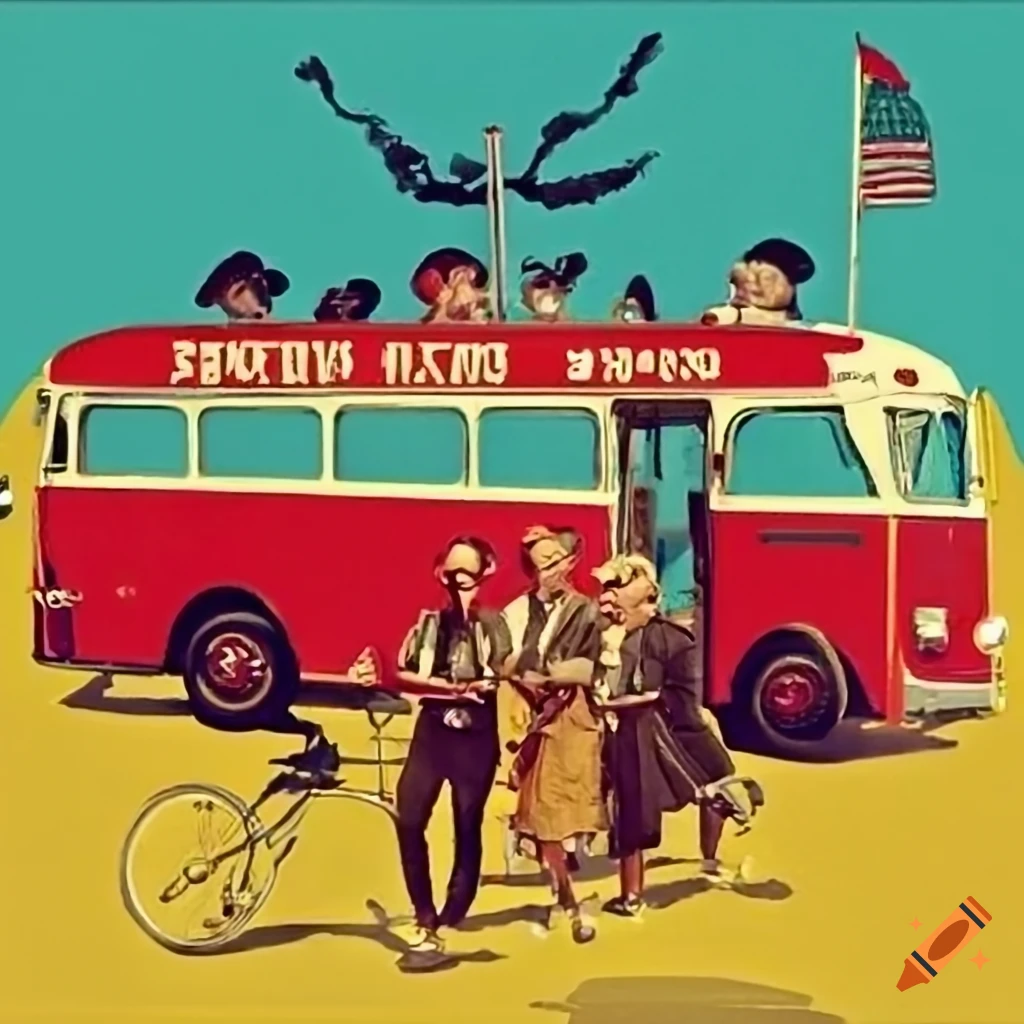 Enthusiastic travelers about to board a bus in front of an adventurous ...