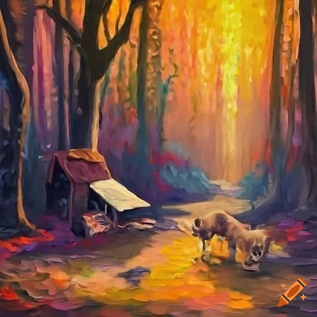 Cozy Tolkien-style forest with animals in clothing and holding platters ...