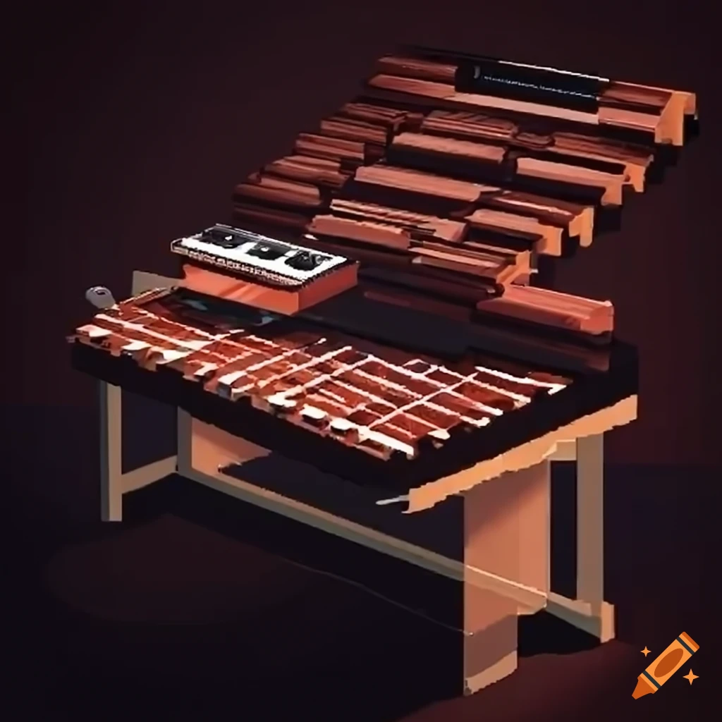 Pixel art of a music setup with marimba, bells, drum, and synthesizer ...