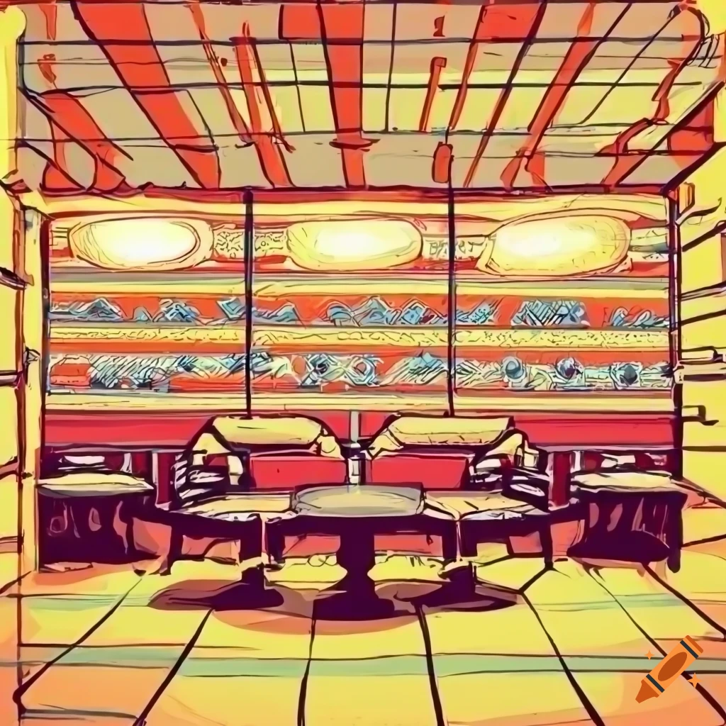 Interior view of an African restaurant with furniture, decorations, and ...