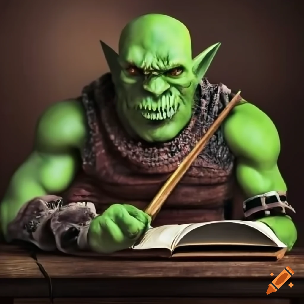 Orc writing in a book at an old desk with a quill pen on Craiyon