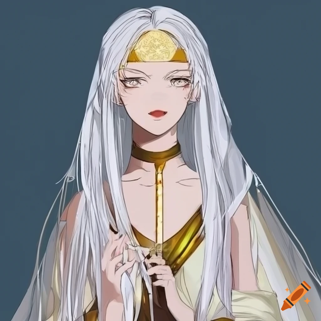 Saintess with white hair and golden eyes in a golden and white dress ...