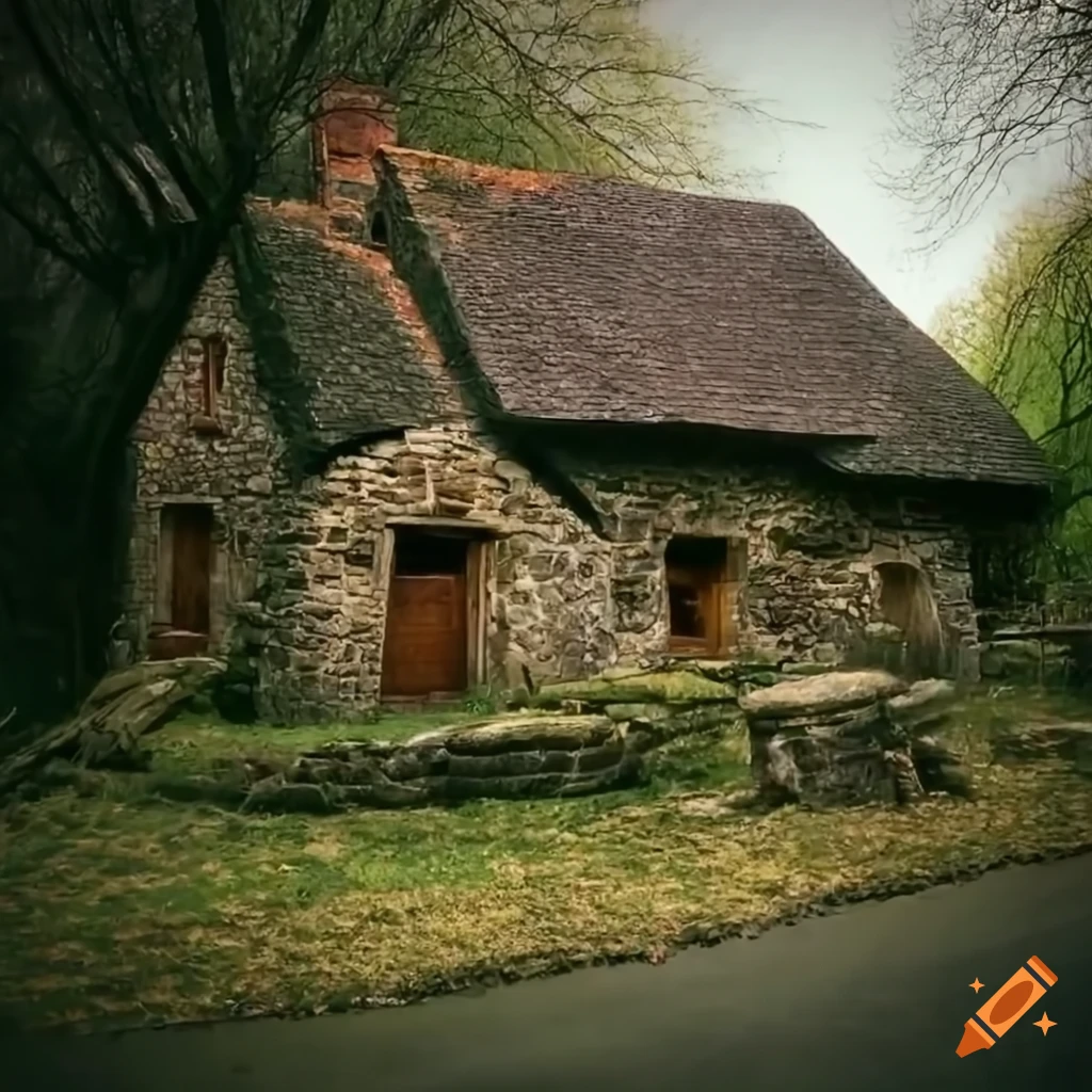 Cozy stone cottage surrounded by ancient trees on Craiyon
