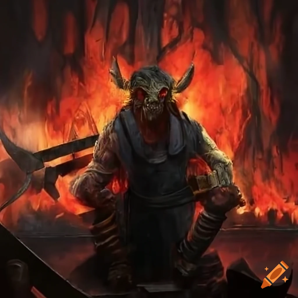 Half-demon blacksmith in hell with a titanic helmet on Craiyon