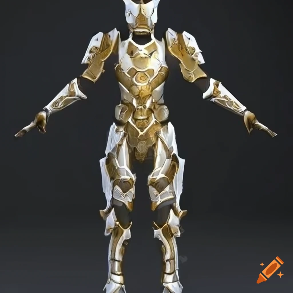 Advanced white and gold ornate armor in a sci-fi fantasy setting on Craiyon