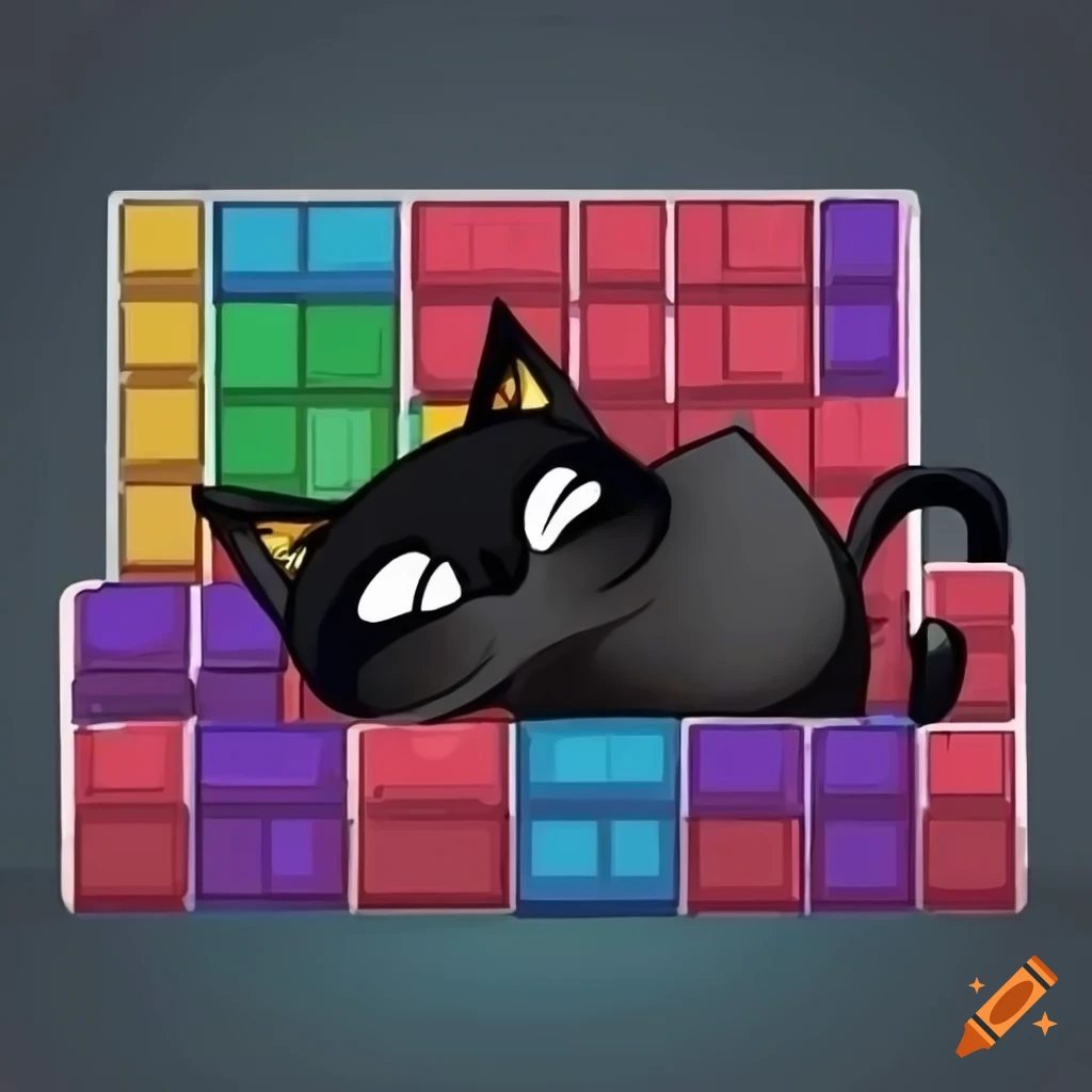 Black cat sleeping on a couch with tetris blocks in cartoon style on ...