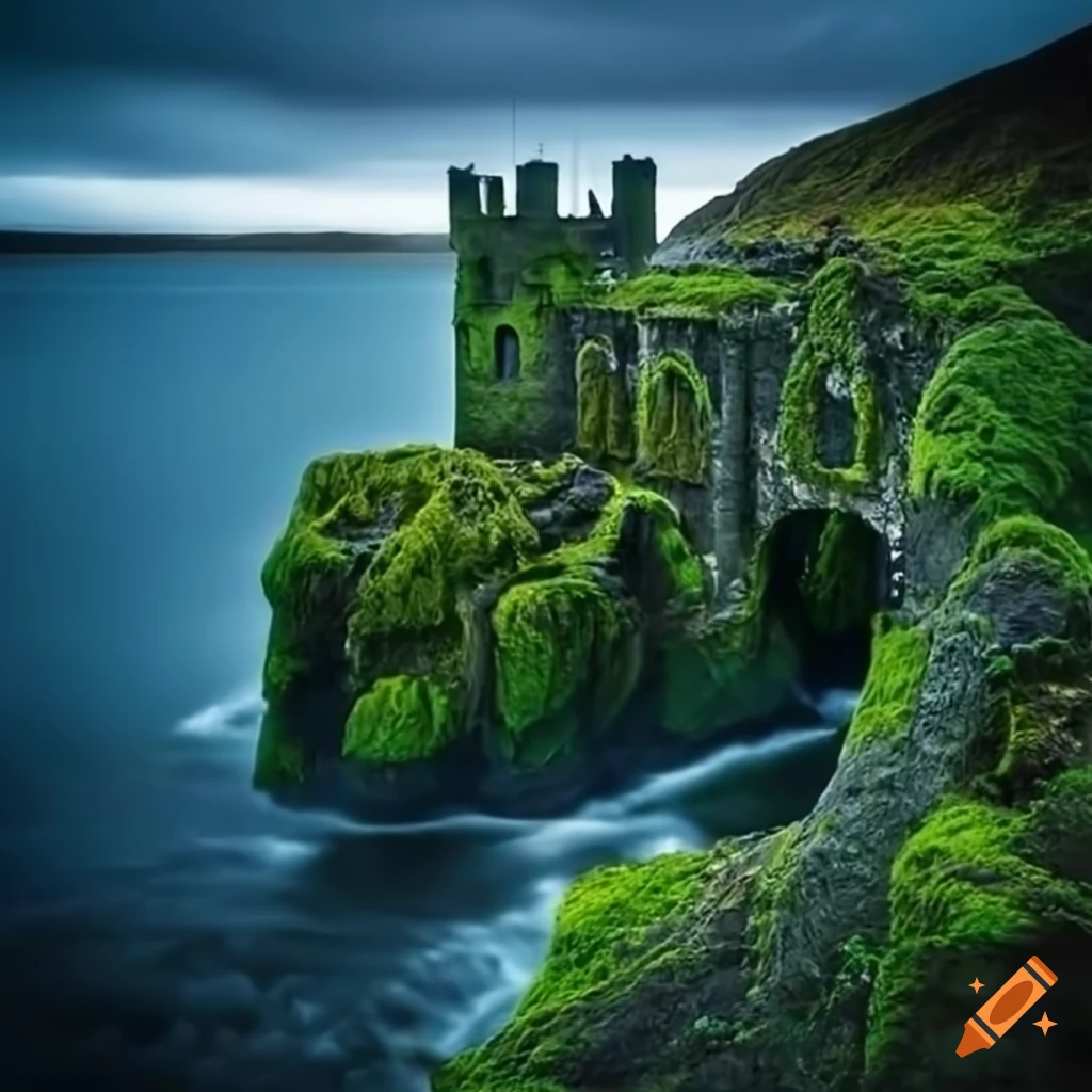 Giant castle of dark mossy stone on coastal cliffs with bridges over ...