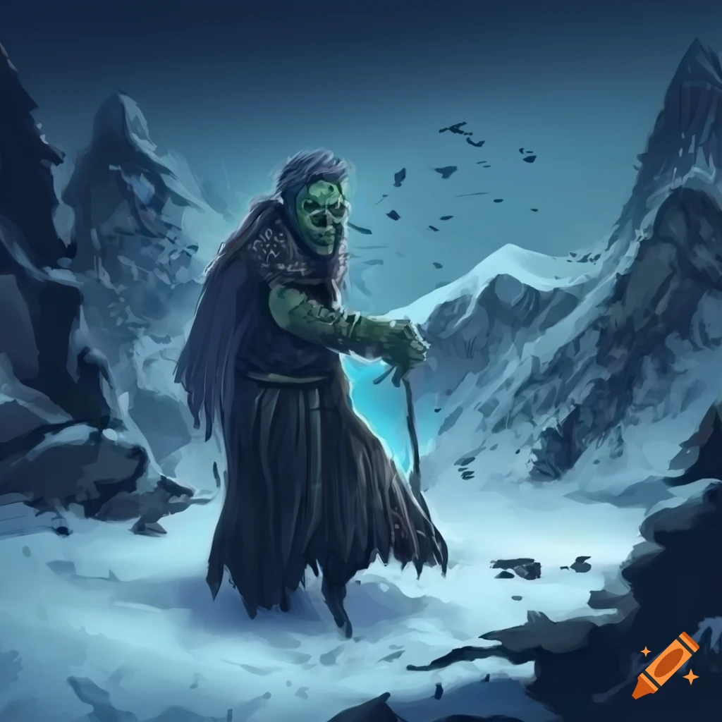 Frozen zombie in a snowy mountain range in a fantasy art style on Craiyon