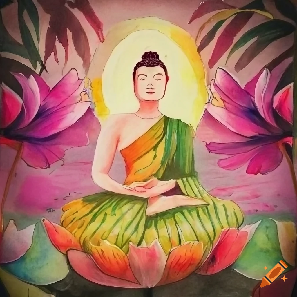 Buddha amidst blooming lotus flowers and foliage on Craiyon