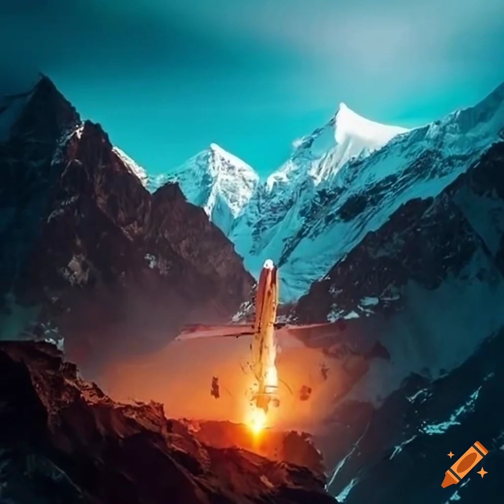 Dramatic plane crash on a snow-covered nepalese mountain on Craiyon