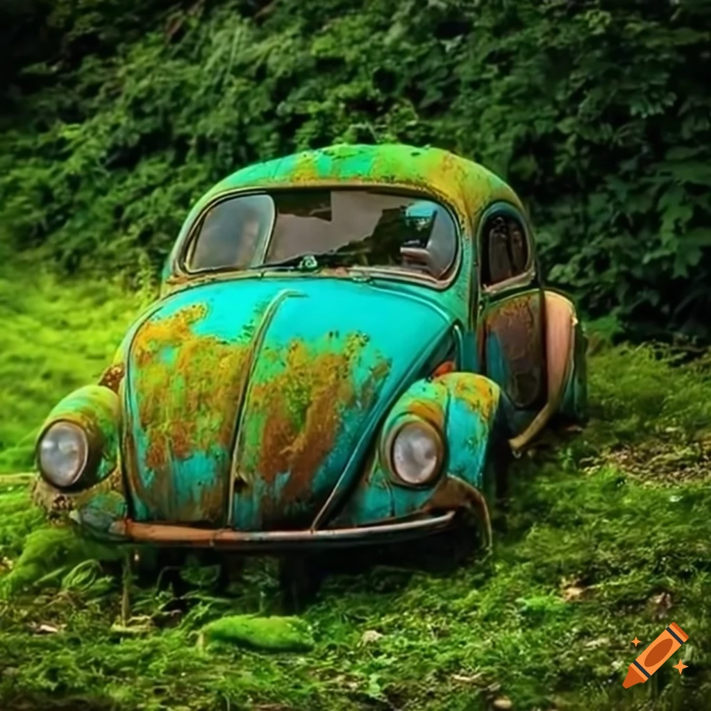 Abandoned Volkswagen Beetle transformed into a living garden with green moss on Craiyon