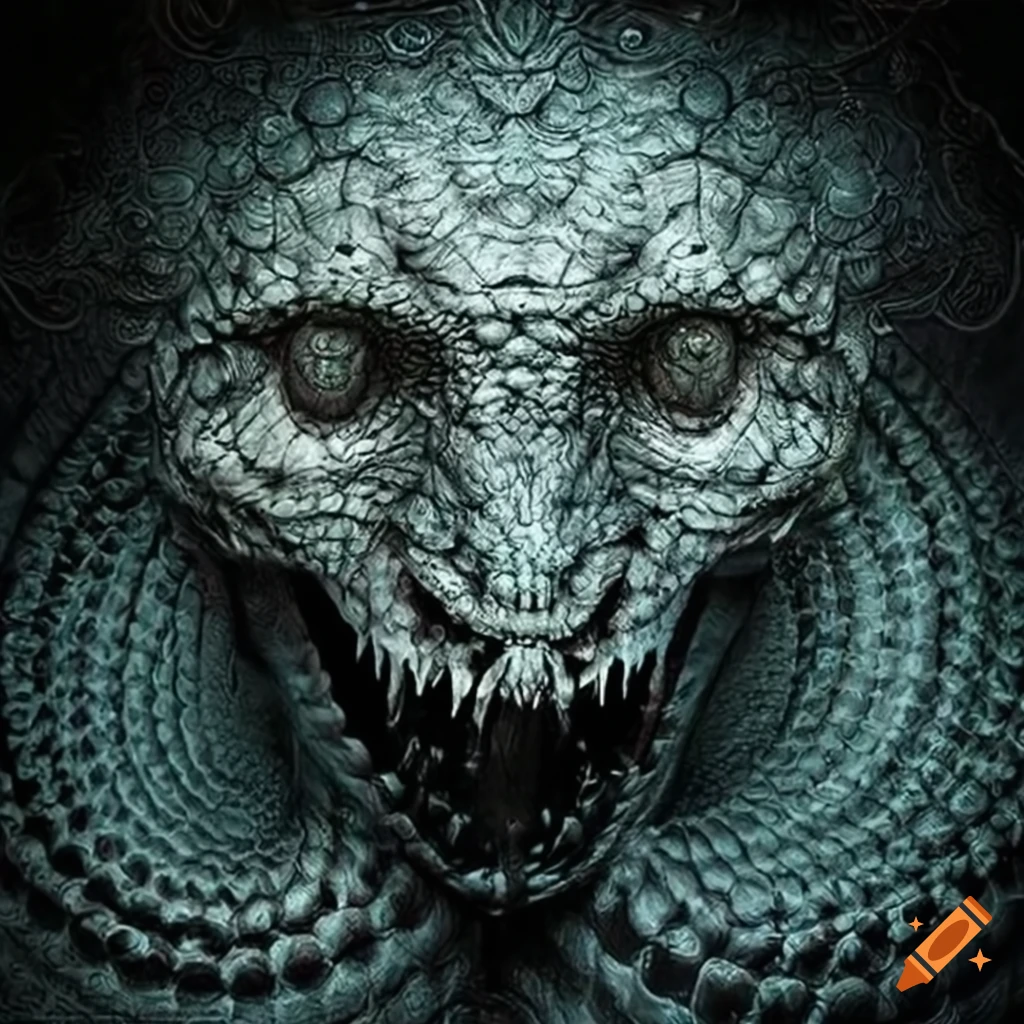 Mythical serpent monster with intricate humanoid facial features on Craiyon