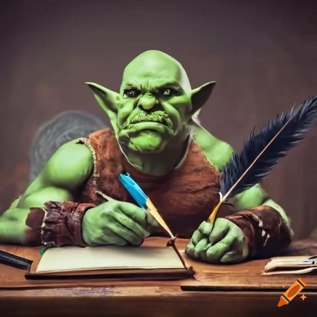 Orc writing in a book at an old desk with a quill pen on Craiyon