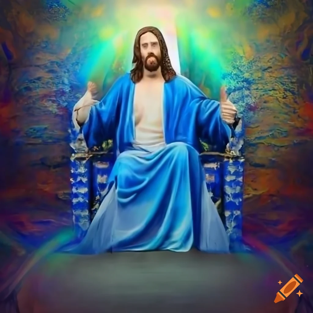 Jesus on a blue throne surrounded by rainbow light streams on Craiyon