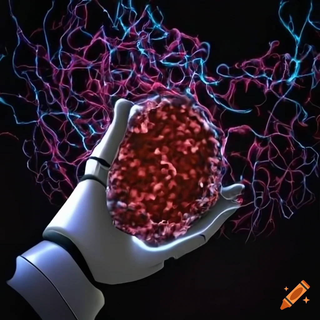 Robot holding a cancer cell with visible structures and membranes on ...