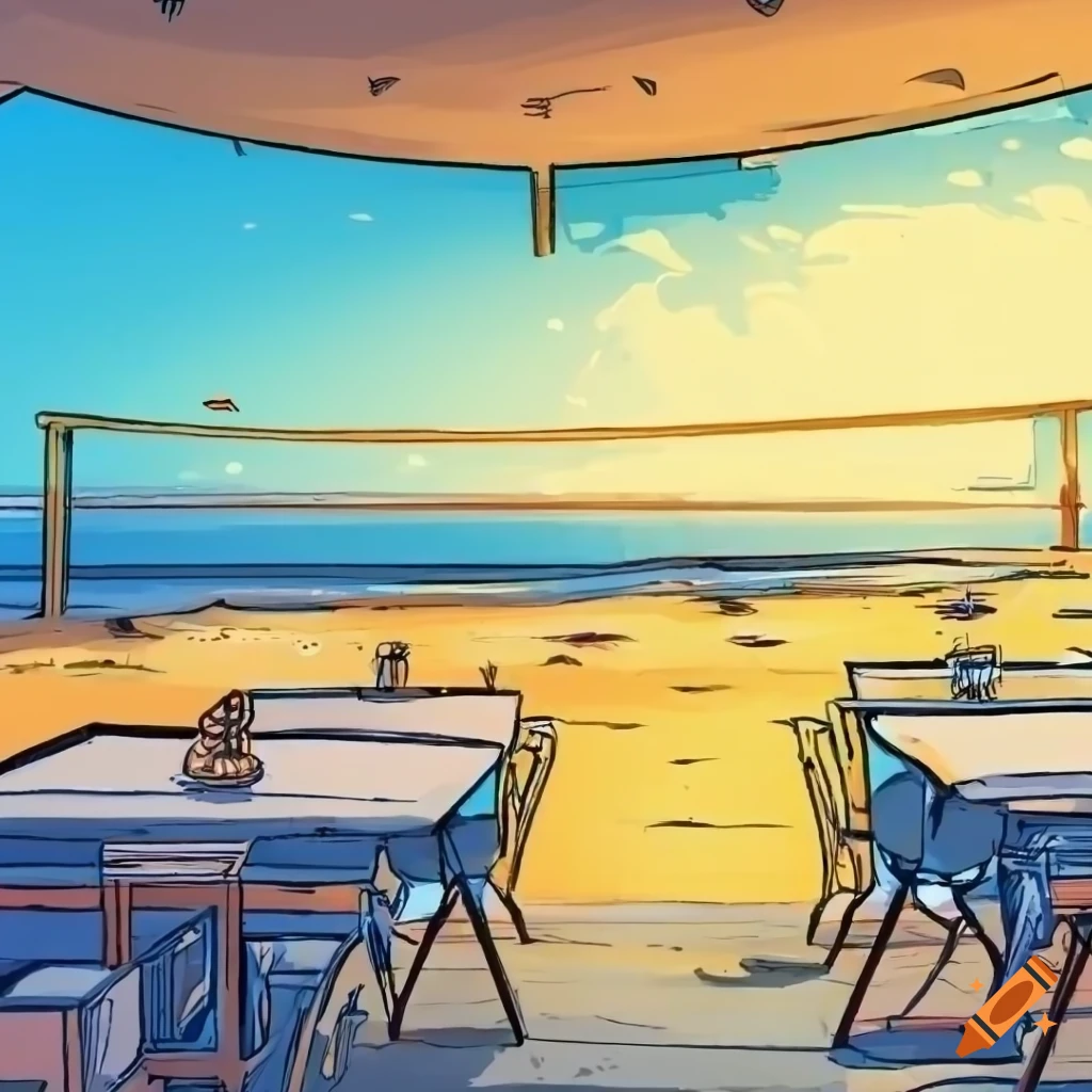 Interior of a beachfront restaurant with furniture, decoration, and ...